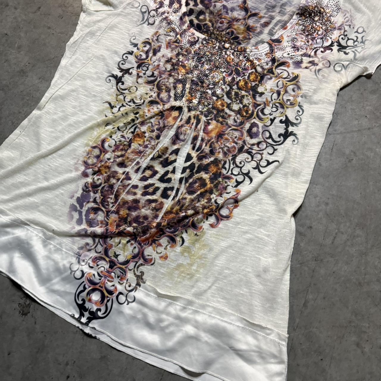 White and multi-coloured leopard print top with... | Depop