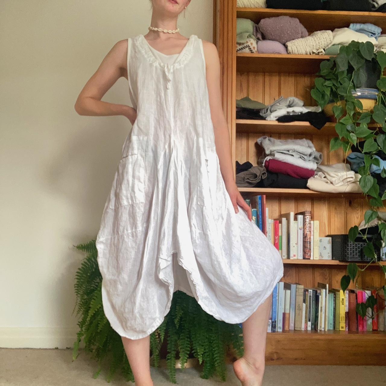 White Linen Harem Style Dress Size S (shown on... - Depop