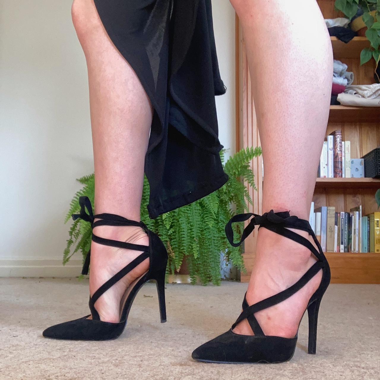 Black Velvet Pointed Toe Wrap Ribbon Heels Size... - Depop