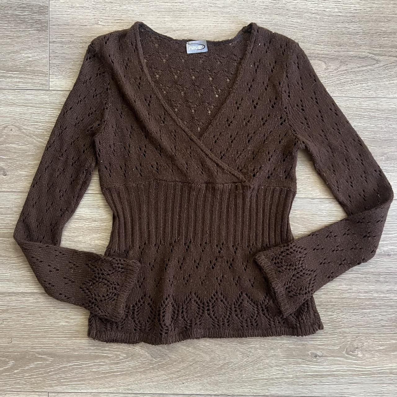 90s Brown Rave Knit Top Wrap style chest Cute... | Depop
