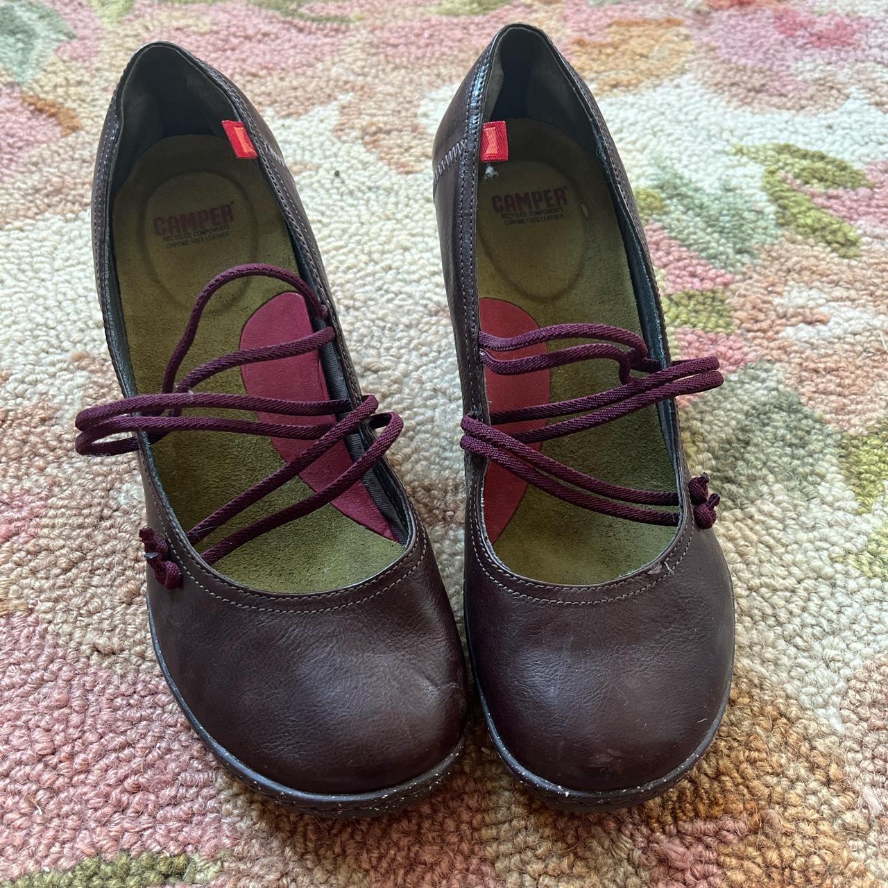Very cute brown leather heels by Camper with maroon... - Depop