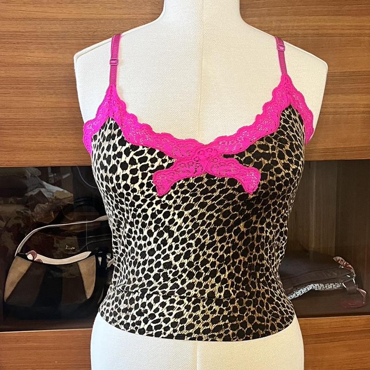 Leopard print camisole/tank top Hot pink lace trim... - Depop