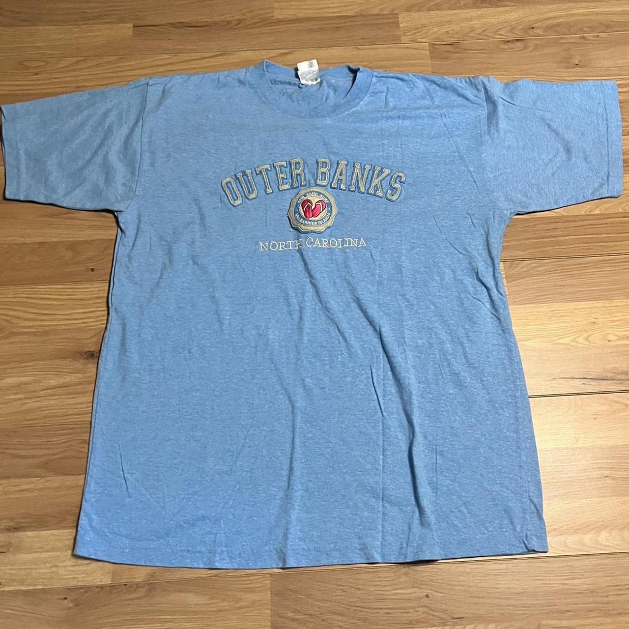 Light blue graphic tshirt 3D embroidered lettering... - Depop