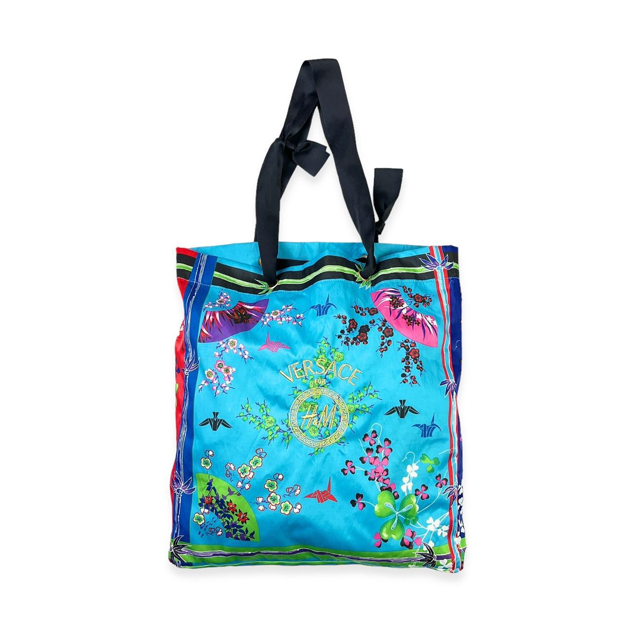 Versace X H&M Blue Floral Print Embroidered Tote Bag... - Depop