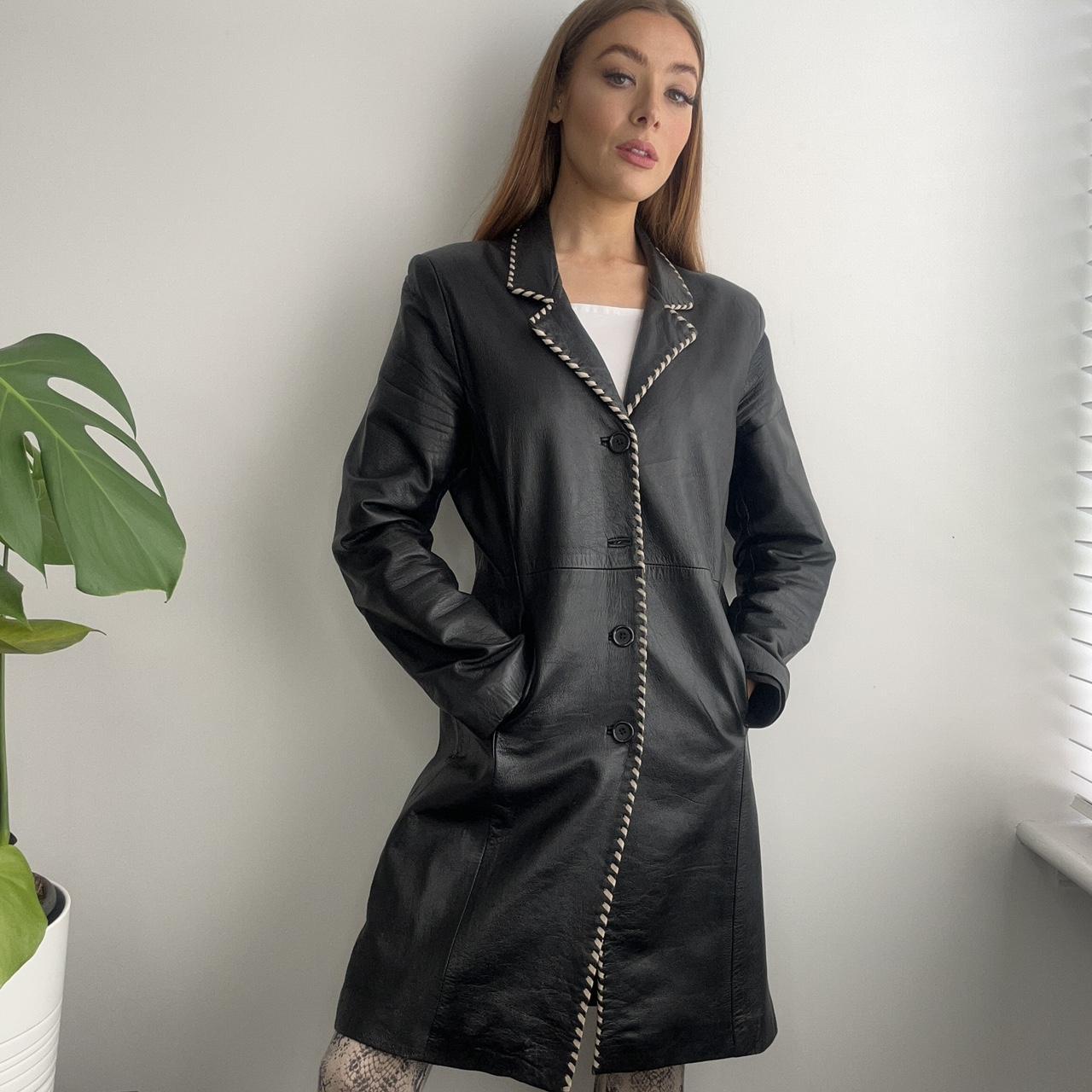 Black long line leather jacket - real leather jacket... - Depop