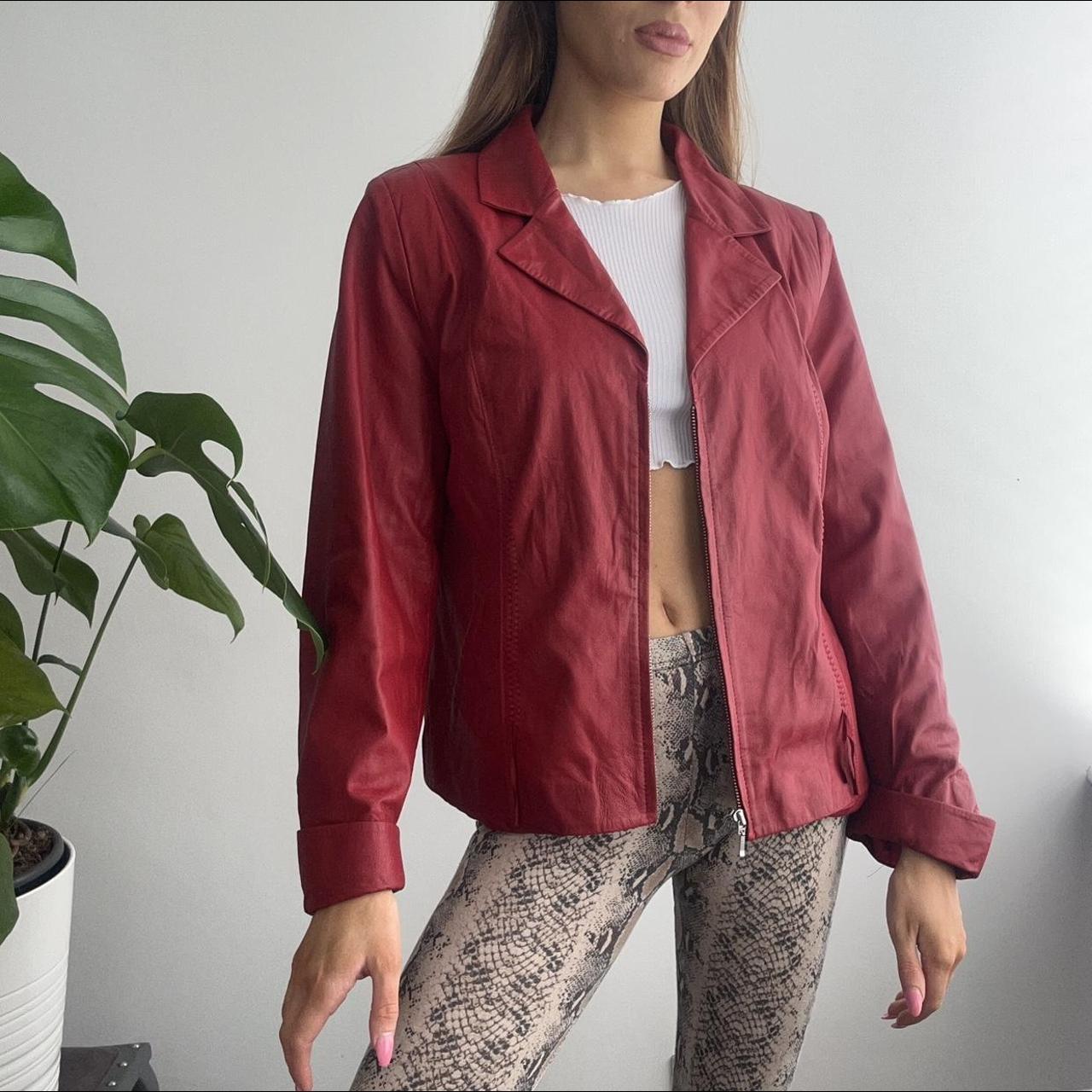 Red leather jacket with zip up design - real leather... - Depop