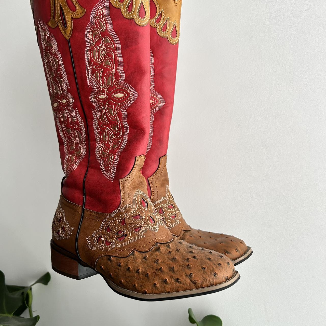 Vintage red and brown leather western cowboy boots... - Depop