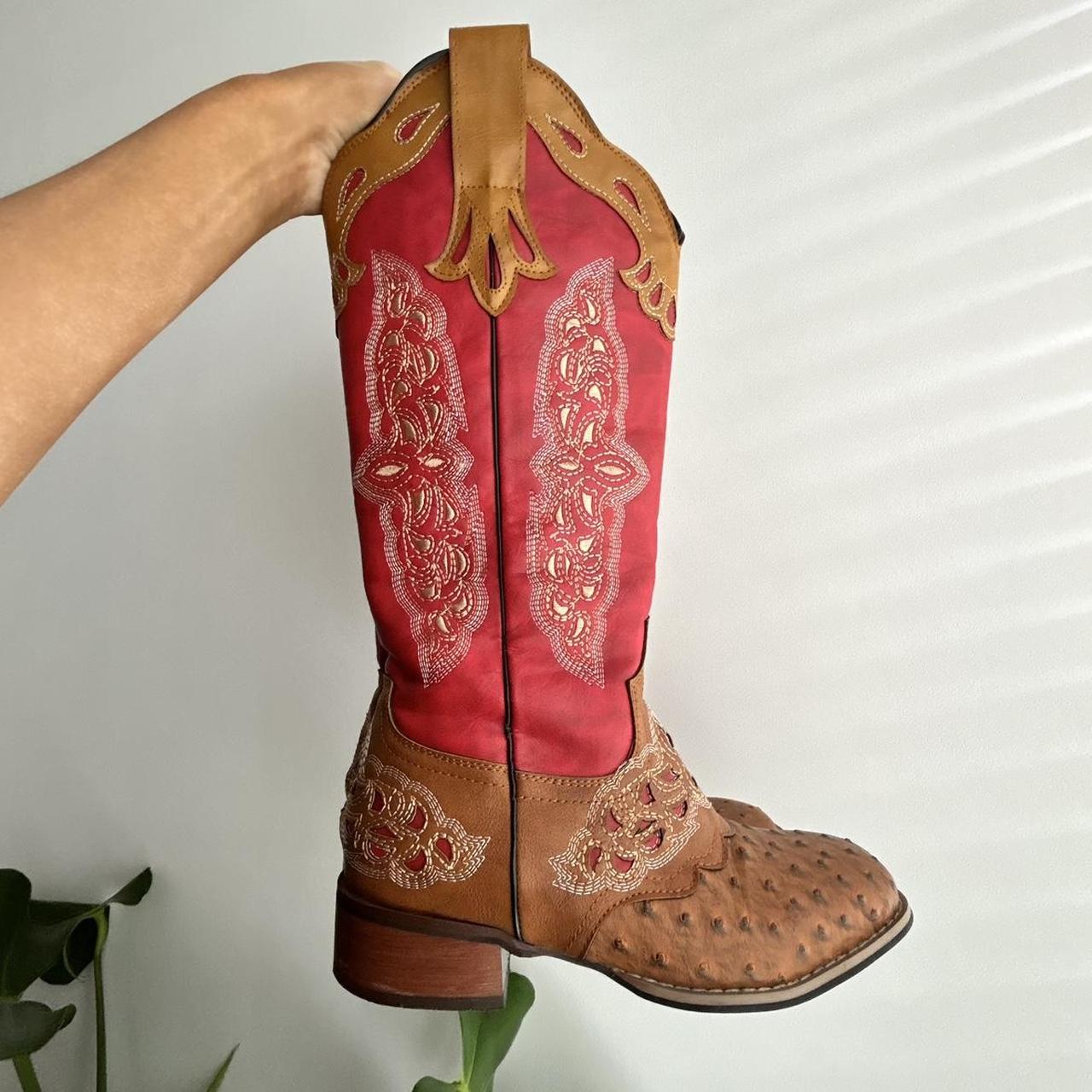 Vintage red and brown leather western cowboy boots... - Depop