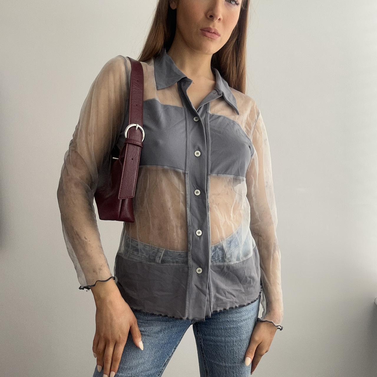 Vintage sheer mesh see through grey shirt with... | Depop