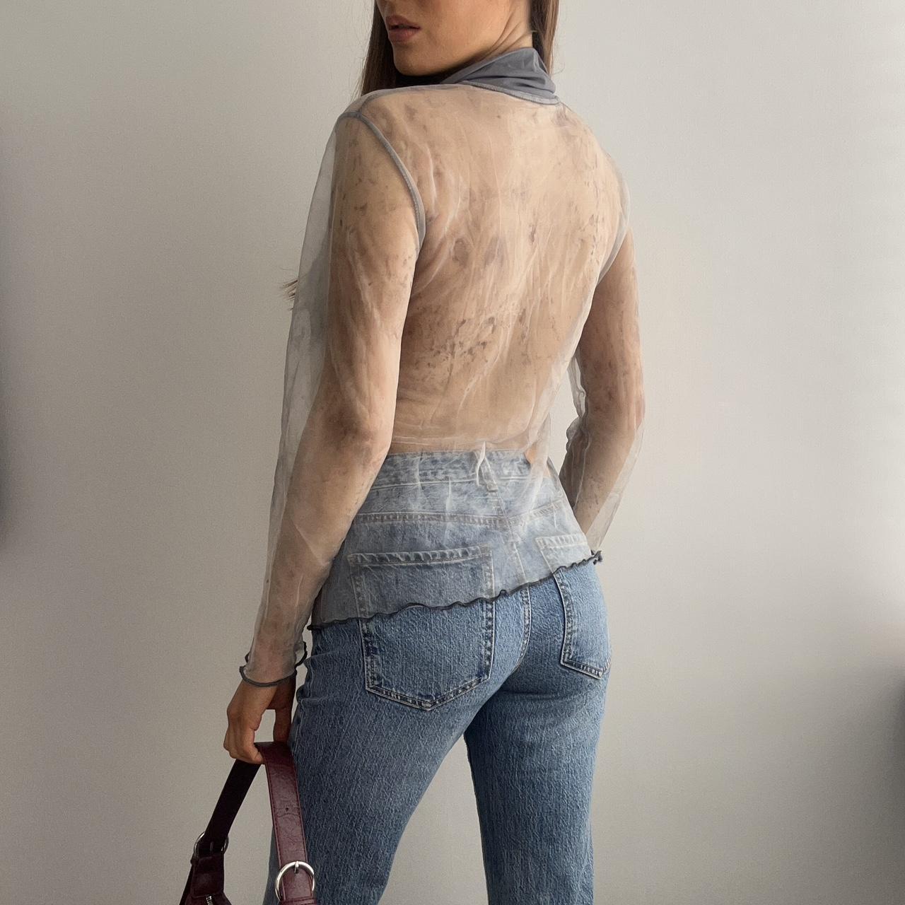 Vintage sheer mesh see through grey shirt with... | Depop