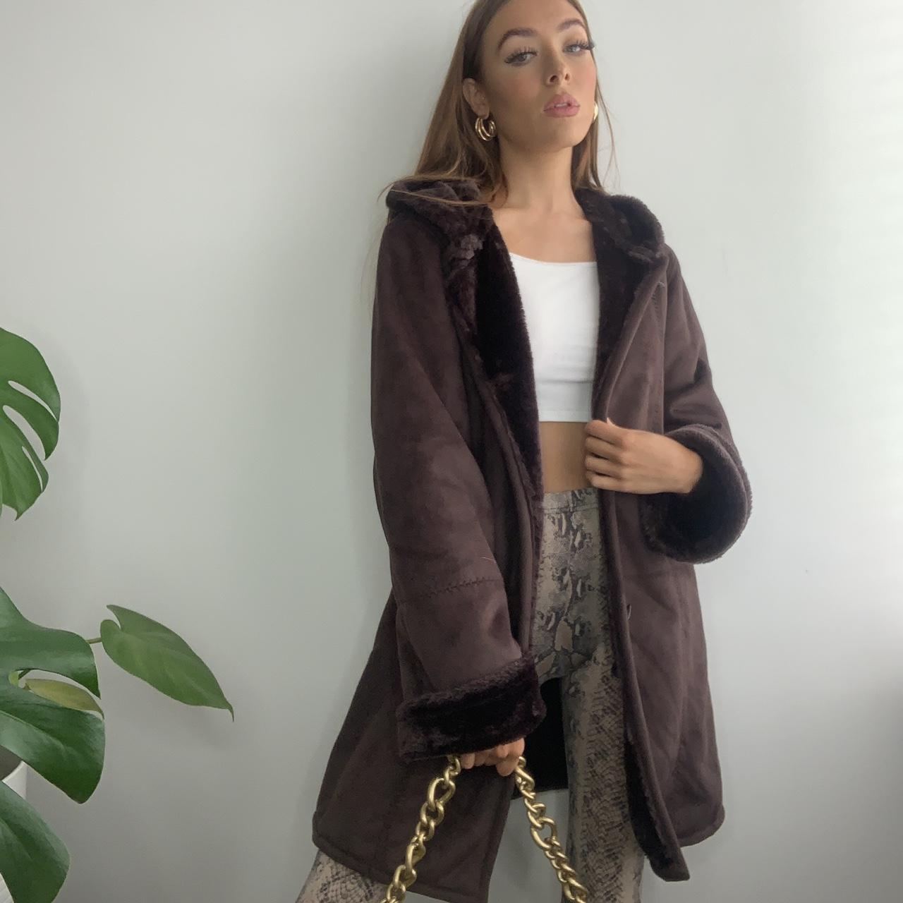 Chocolate brown patterned suede faux suede coat with... | Depop
