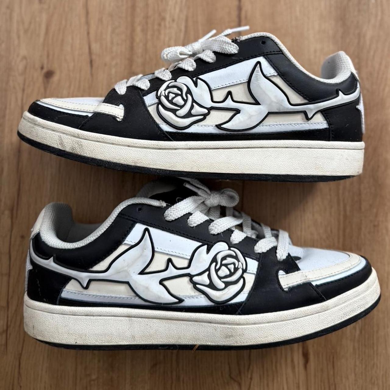 Black and white KIZO trainers with rose design... | Depop