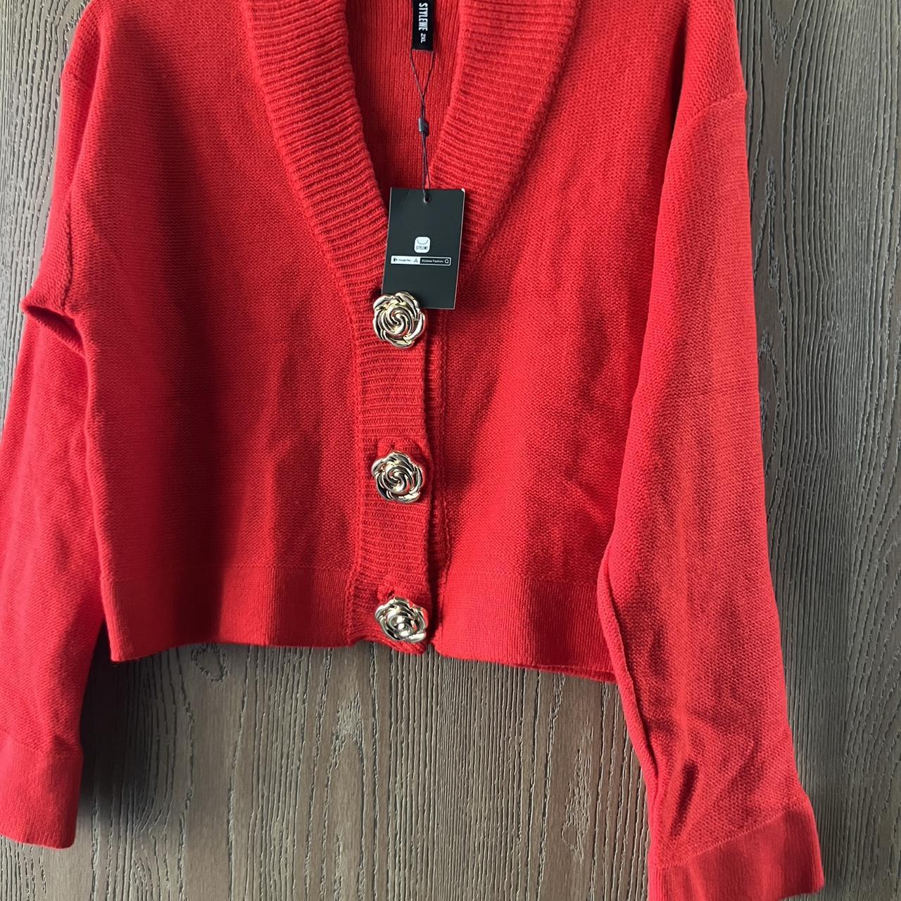 Red cropped cardigan with silver buttons - Depop