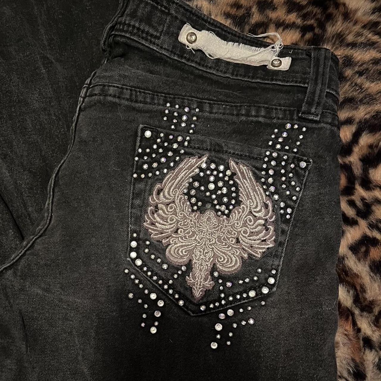 Black low rise jeans with rhinestone embellishments... | Depop