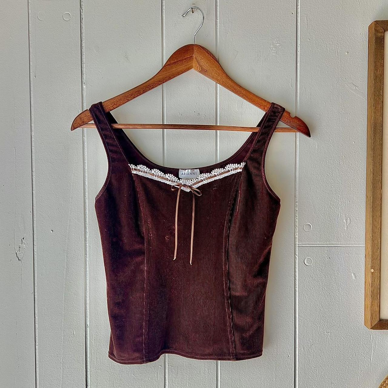 90s corduroy corset-style tank top with lace trim... - Depop