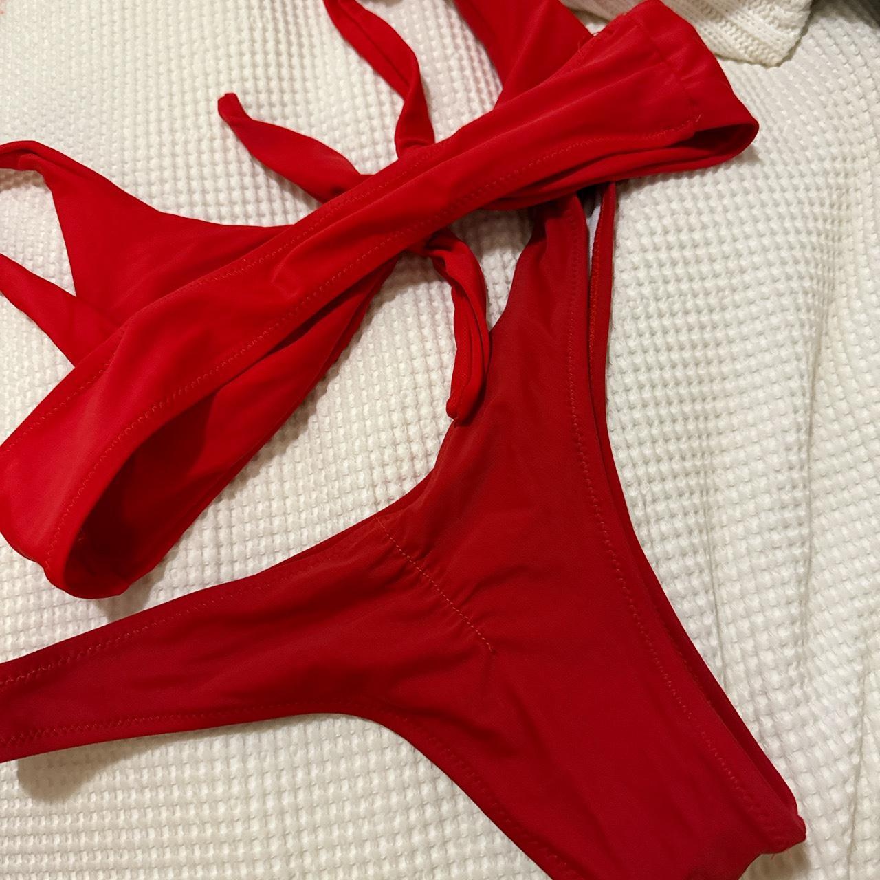 Red tie front Brazilian bottom bikini top and bottom... - Depop