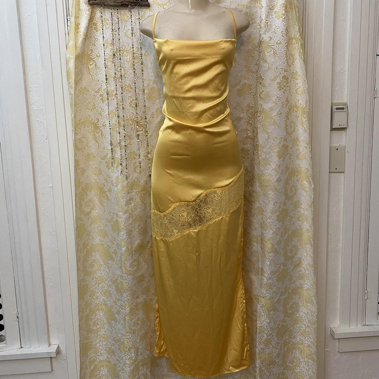 Gorgeous yellow satin slip gown. Lace insert and... - Depop