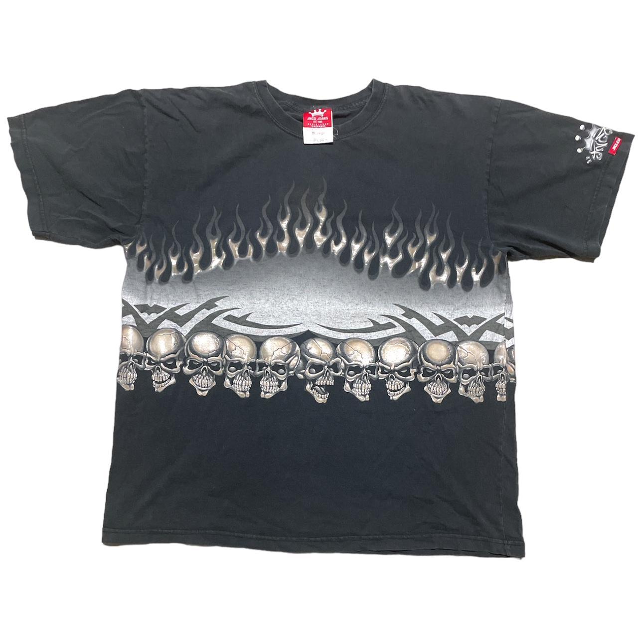 90s JNCO Flaming Skulls all over print t shirt... - Depop