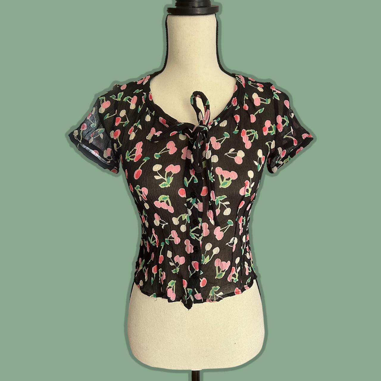 🌸🍒100% Silk Sheer Cherry Button-Up by Rafaella -... - Depop