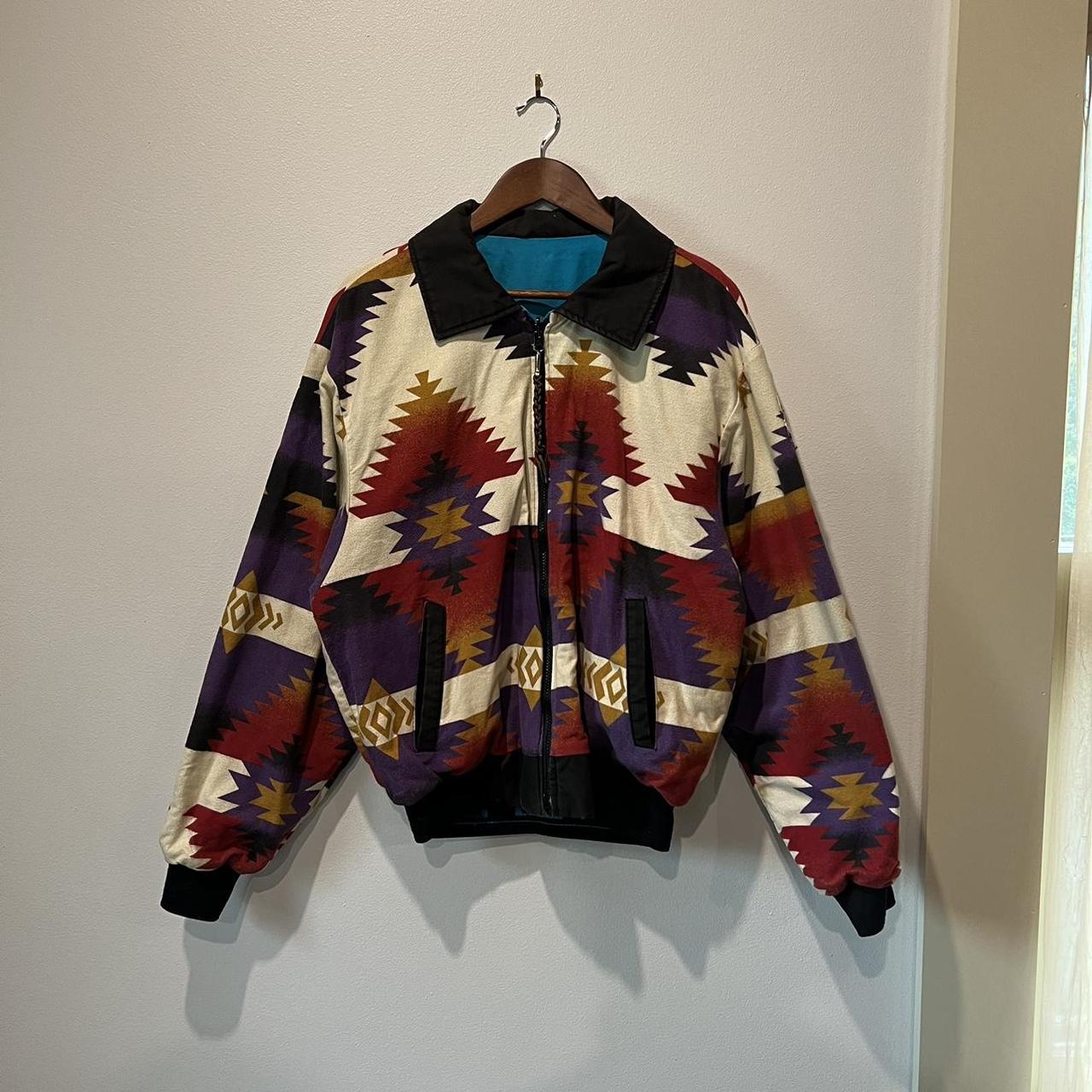 vintage reversible aztec jacket size large in... - Depop