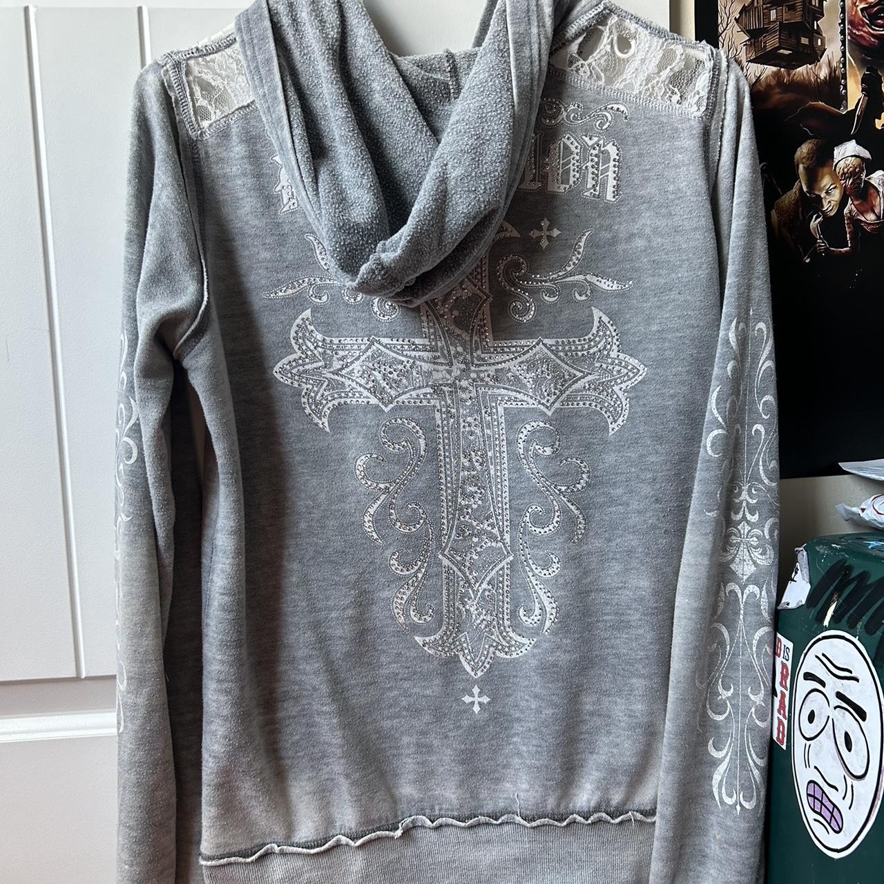 Affliction Women's Grey and White Jacket | Depop