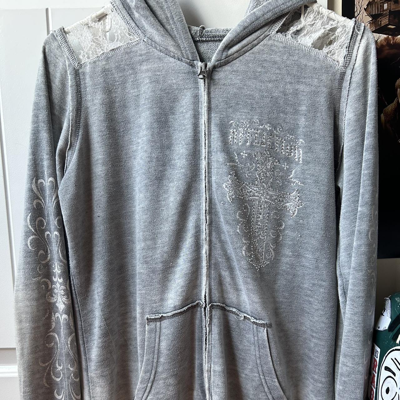 Affliction Women's Grey and White Jacket | Depop