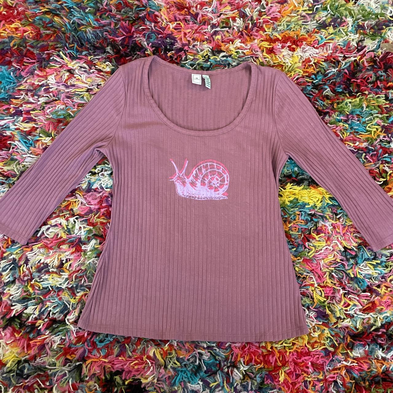 Pink/red screen printed snail on pink blouse long... - Depop