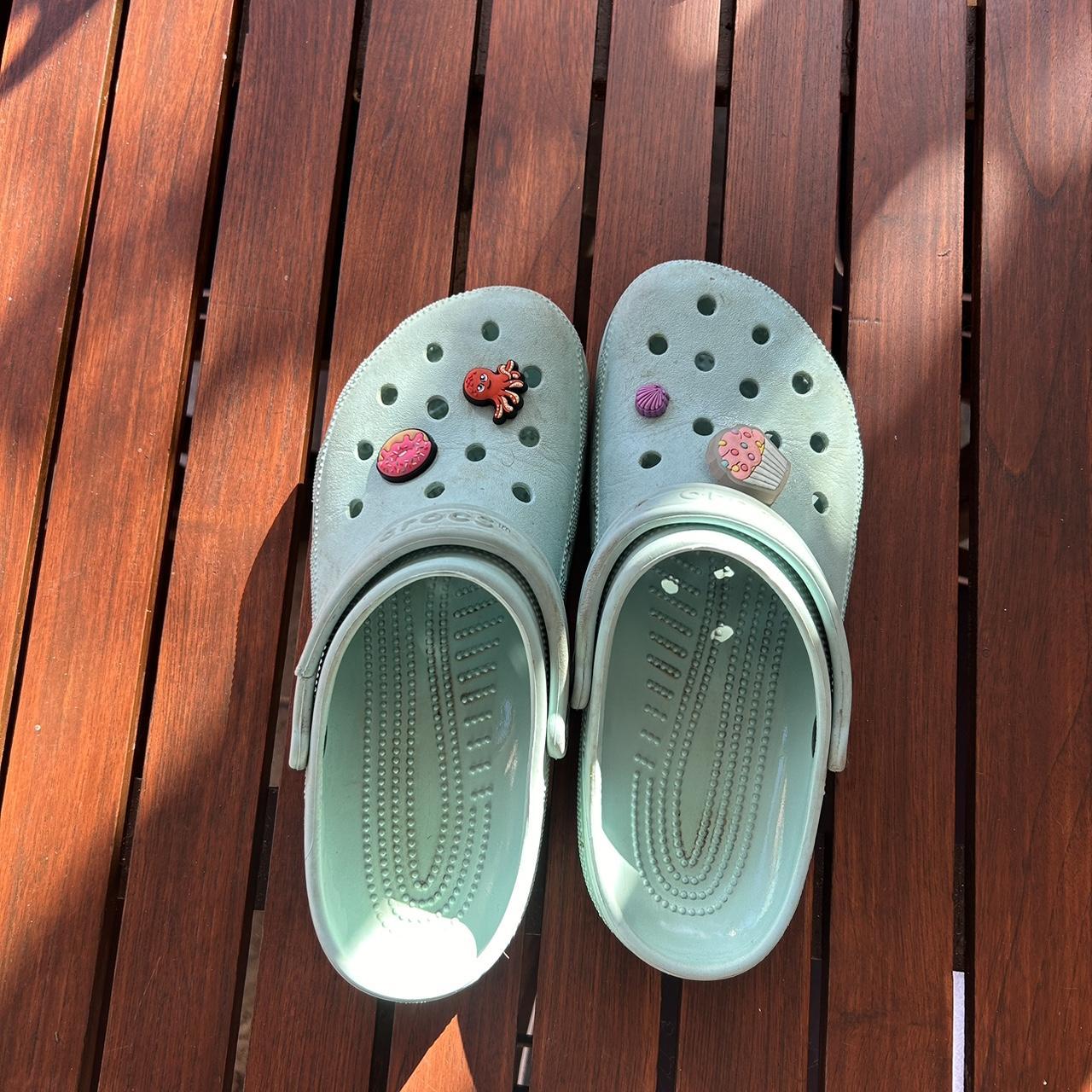 Teal Blue Crocs M8/W10. Selling with 3 jibbitz -... - Depop