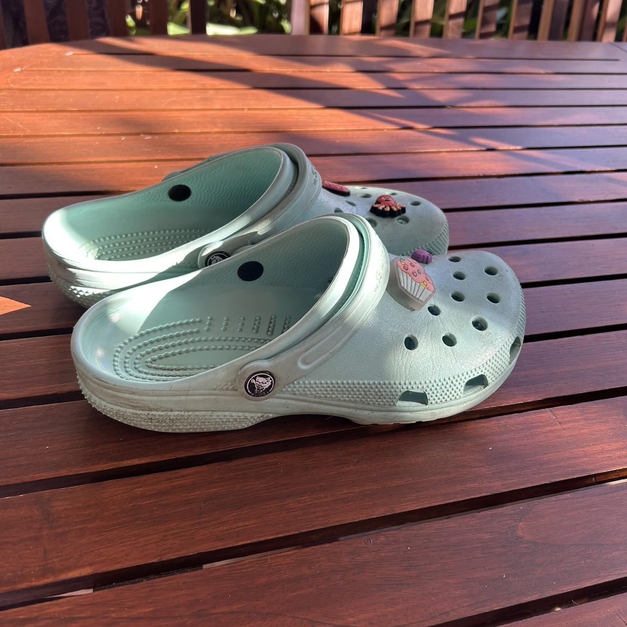 Teal Blue Crocs M8/W10. Selling with 3 jibbitz -... - Depop
