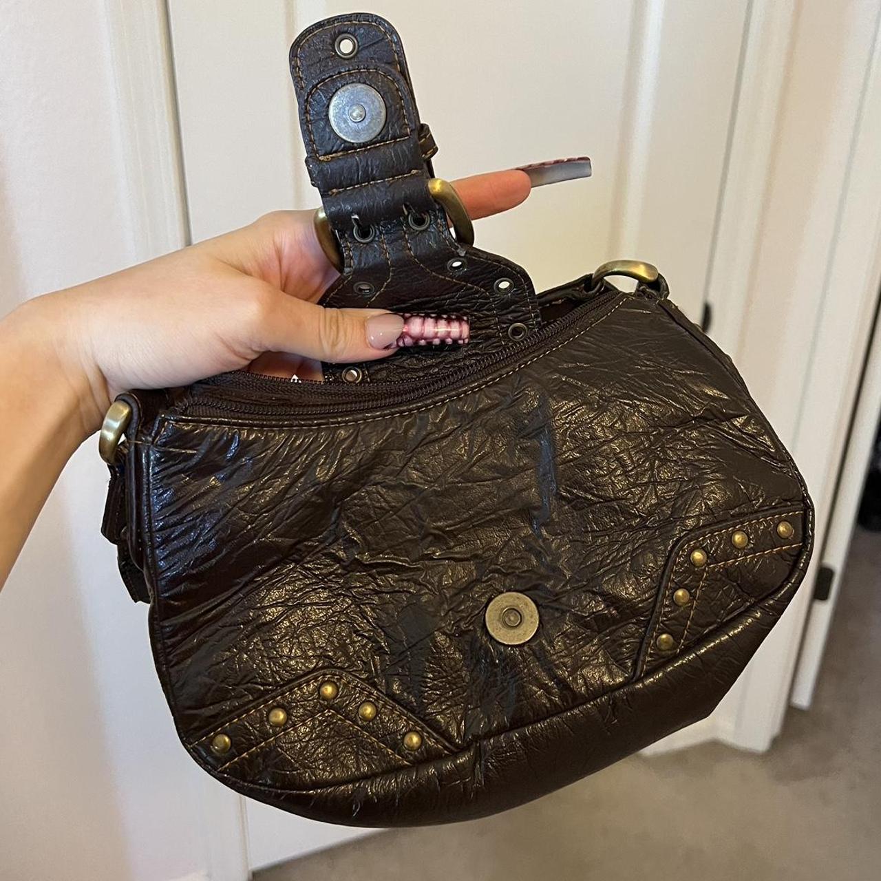 y2k faux brown leather shoulder buckle purse from xoxo - Depop