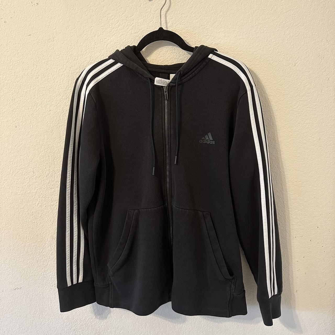 Black with white stripes Adidas zip up hoodie Size... - Depop