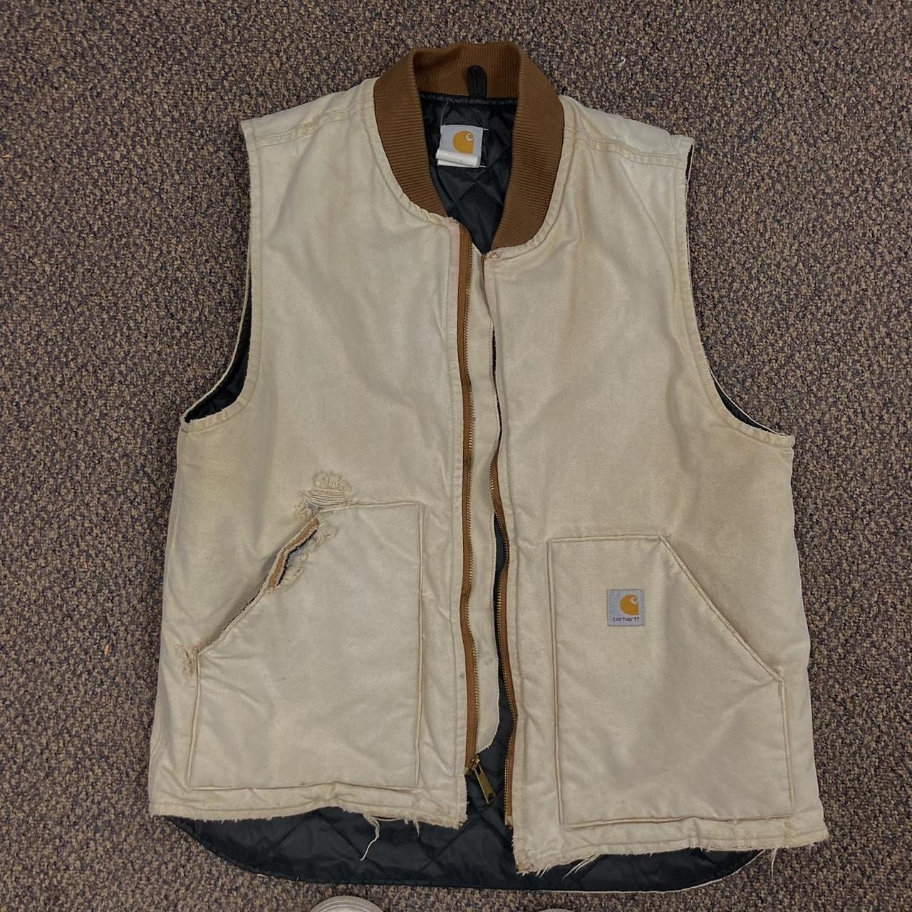 Carhartt Men's Cream and Brown Gilet | Depop