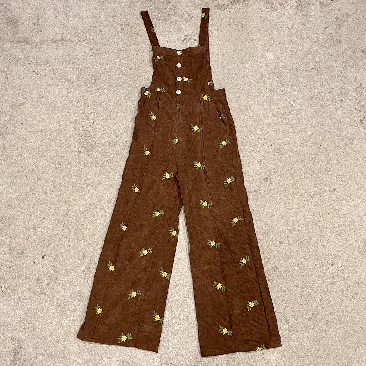 Brown Corduroy Overalls w/ Embroidered... - Depop