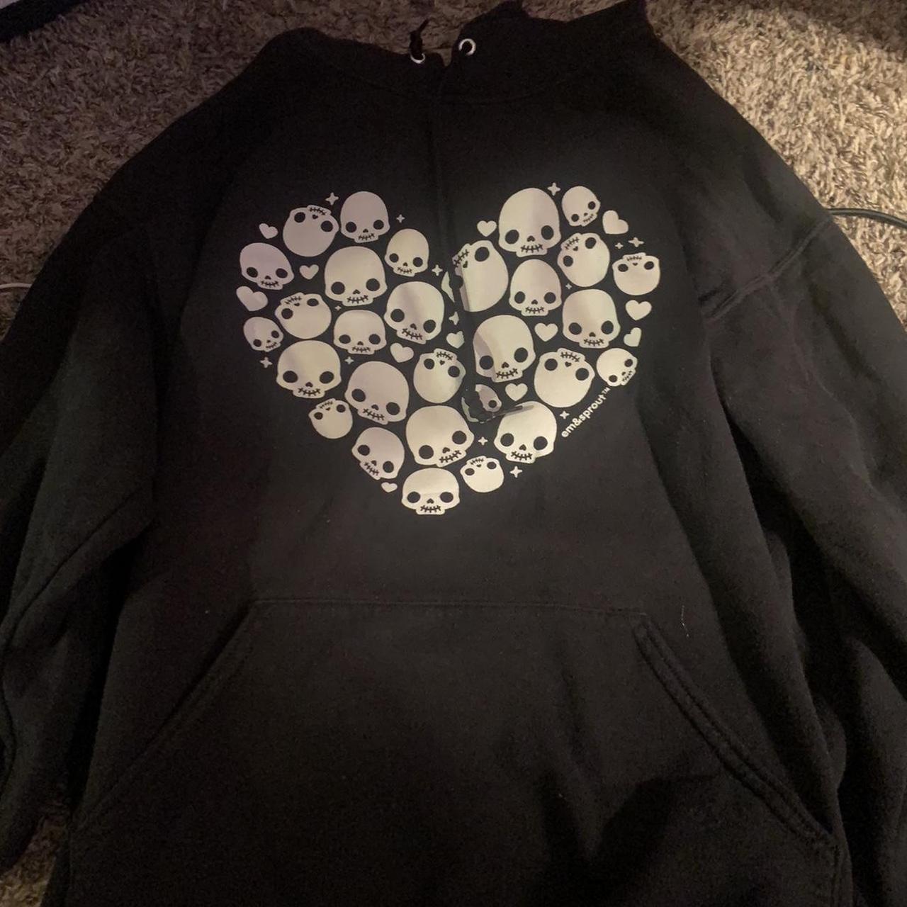 cute emo black and white heart skull hoodie by... - Depop