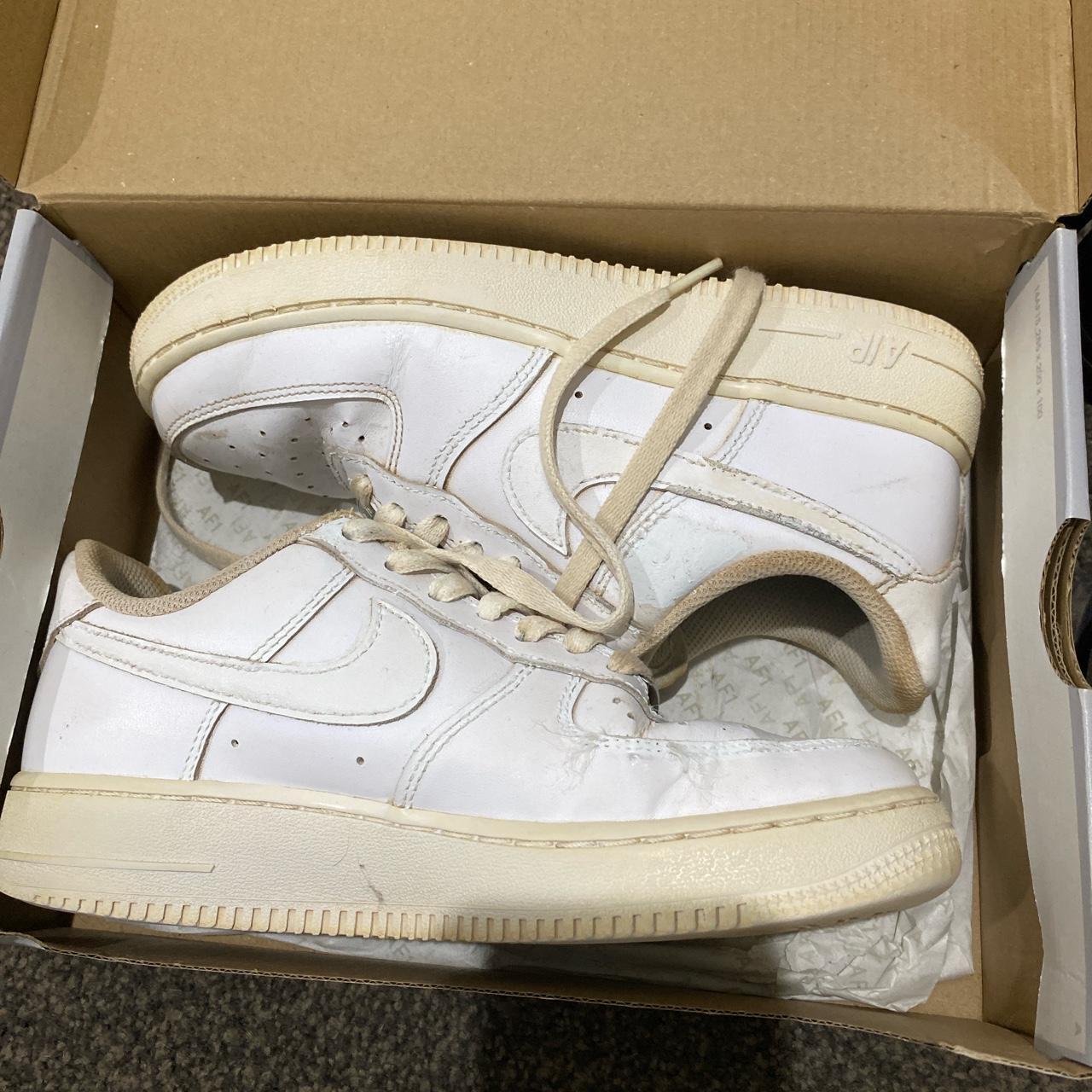 White Air forces, yellow stained soles, a bit of... - Depop