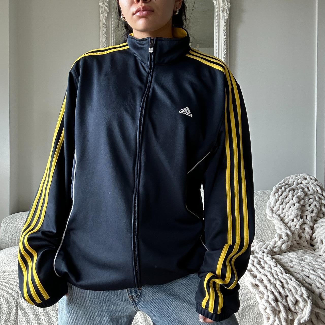 Adidas zip up track jacket in navy blue with yellow... - Depop