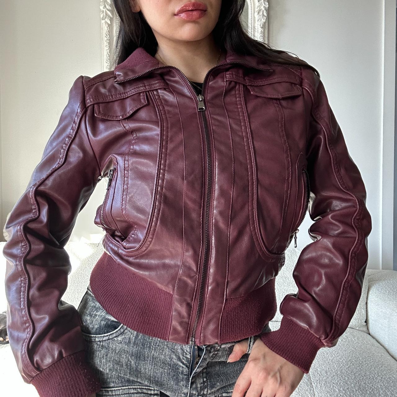 Burgundy bomber jacket pleather faux vegan leather... - Depop