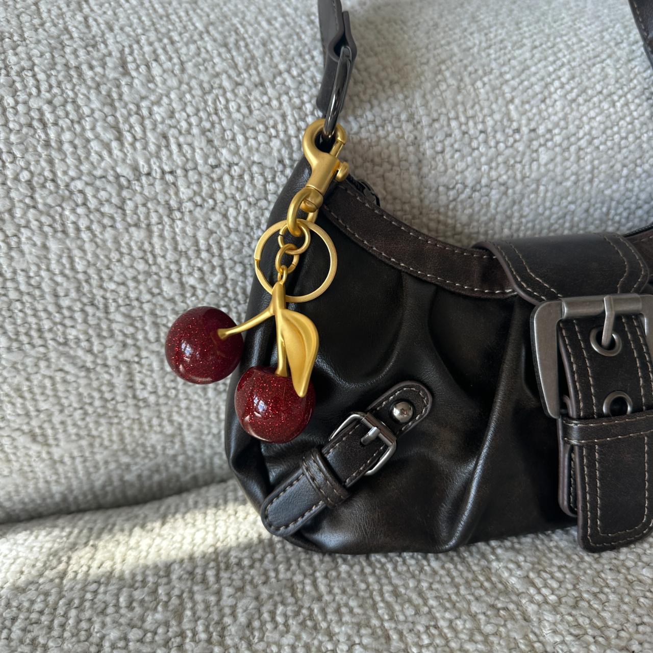Cherry bag charm in matte gold hardware with sparkly... - Depop