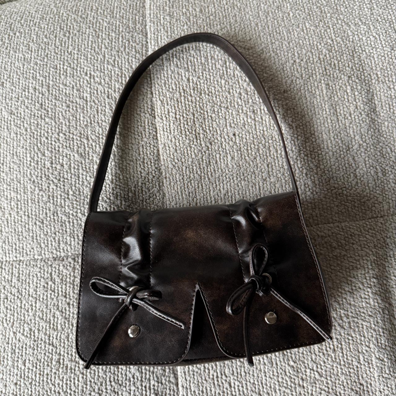 Brown faux leather purse with ruched lace up ribbow... - Depop