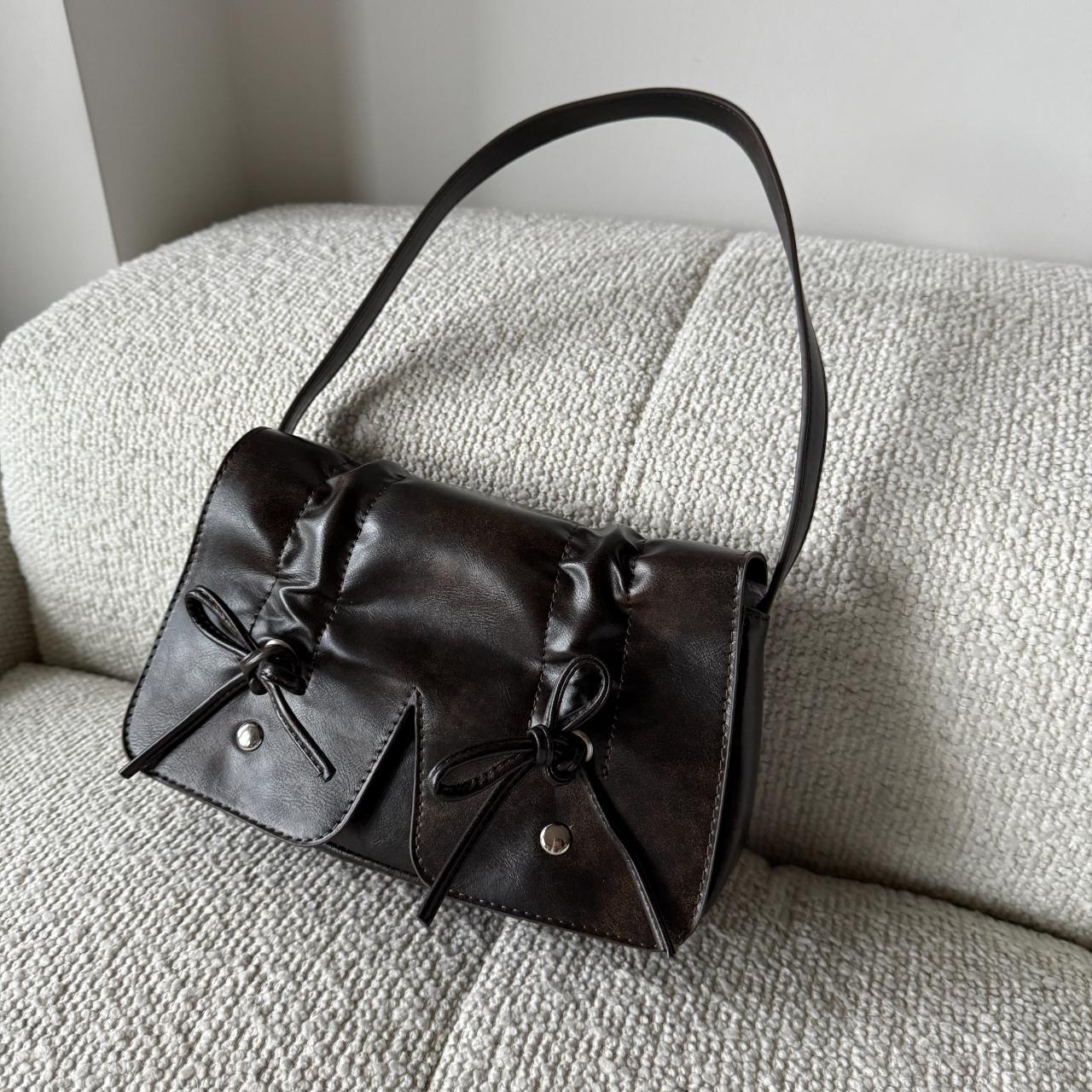 Brown faux leather purse with ruched lace up ribbow... - Depop
