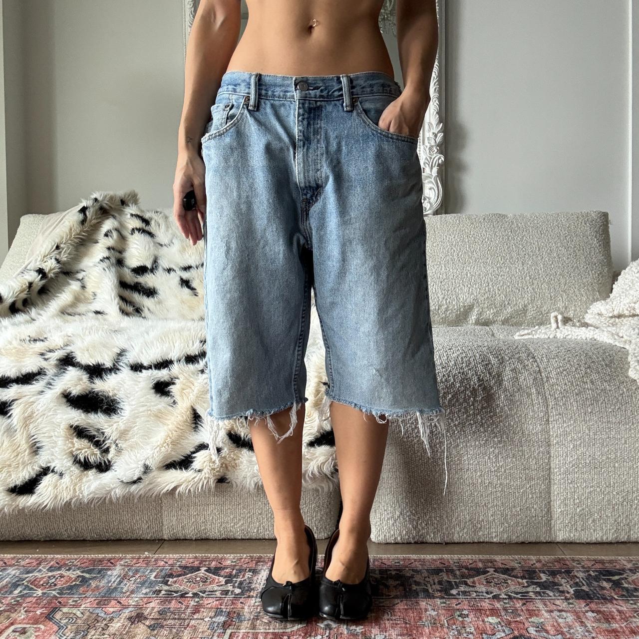 Denim jorts blue faded wash capri cut jean shorts... | Depop