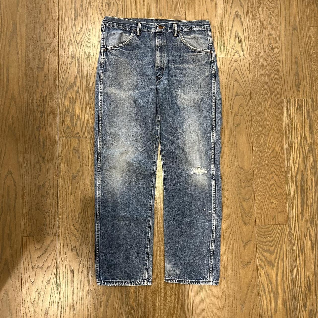 Rustler Baggy Dark Wash Jeans 33x30 distressing shown - Depop