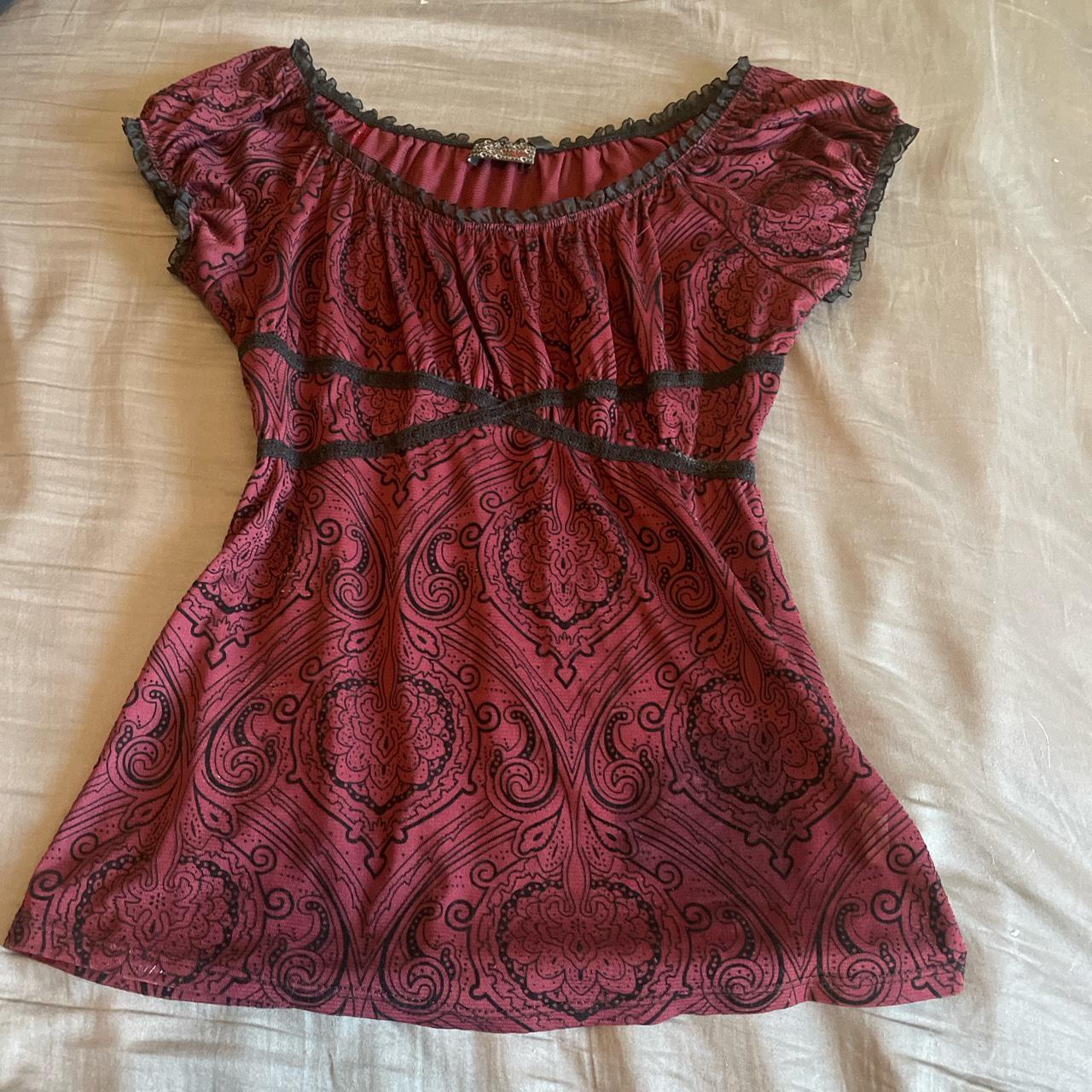 red and black mcm top with lace trim - Depop