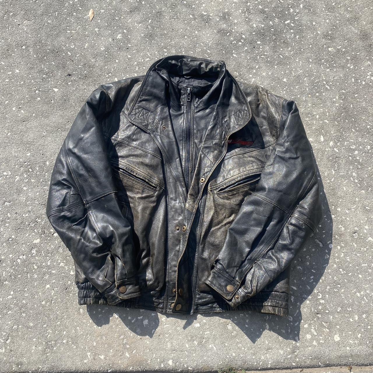 bulky heavy nice fitting leather jacket size M nice... - Depop