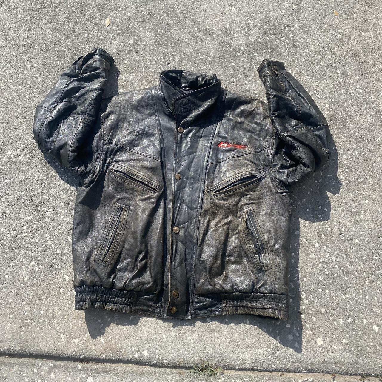 bulky heavy nice fitting leather jacket size M nice... - Depop