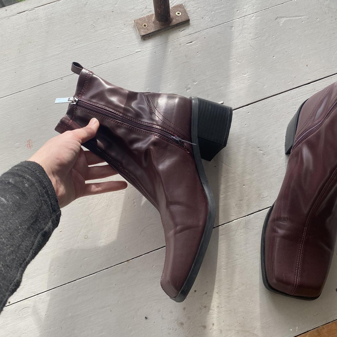 Dark red/ burgundy square toe 90s chunky boots.... - Depop