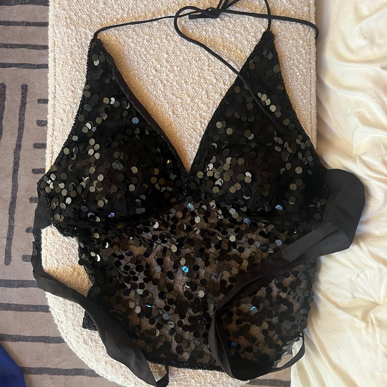 Black vintage sequin backless top with mesh details... | Depop