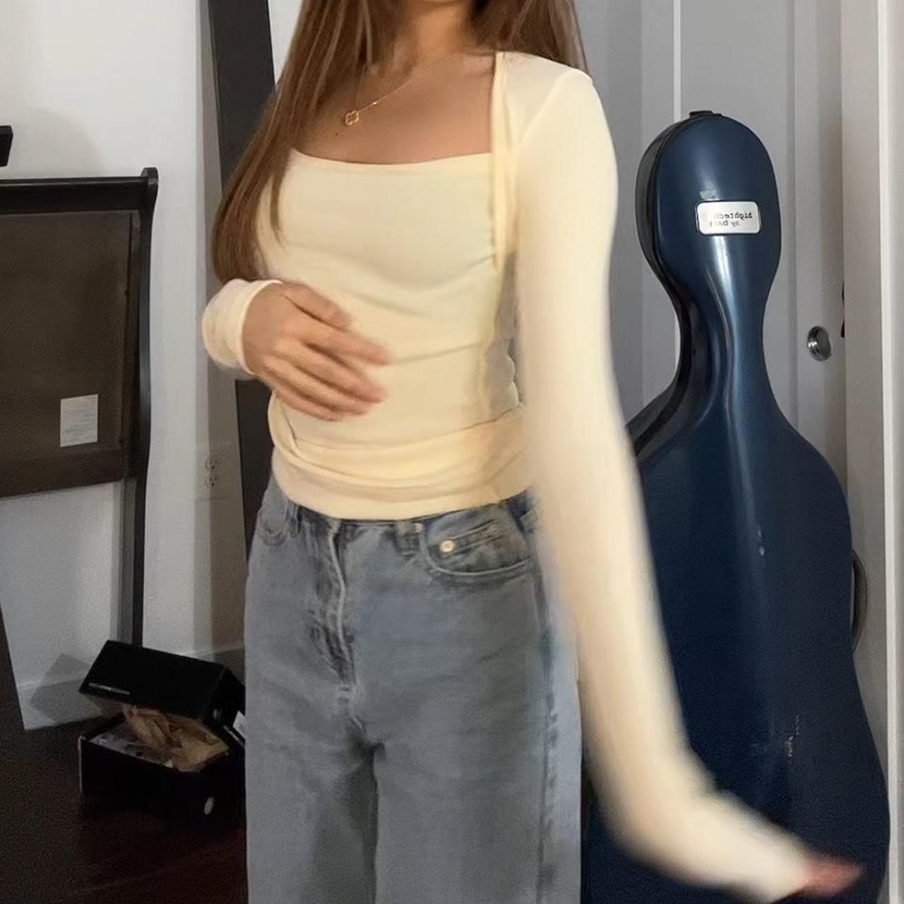 LEWKIN TOP Cream yellow square neck long sleeve top... - Depop