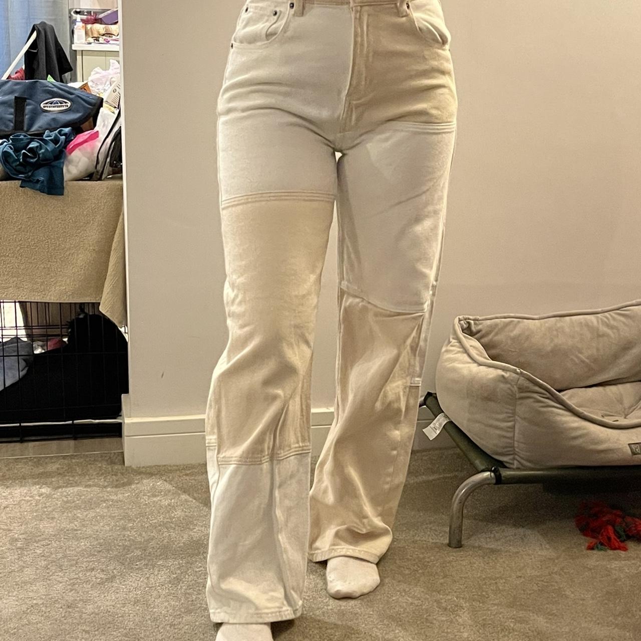 Motel rocks denim jeans Beige and white mismatch... - Depop