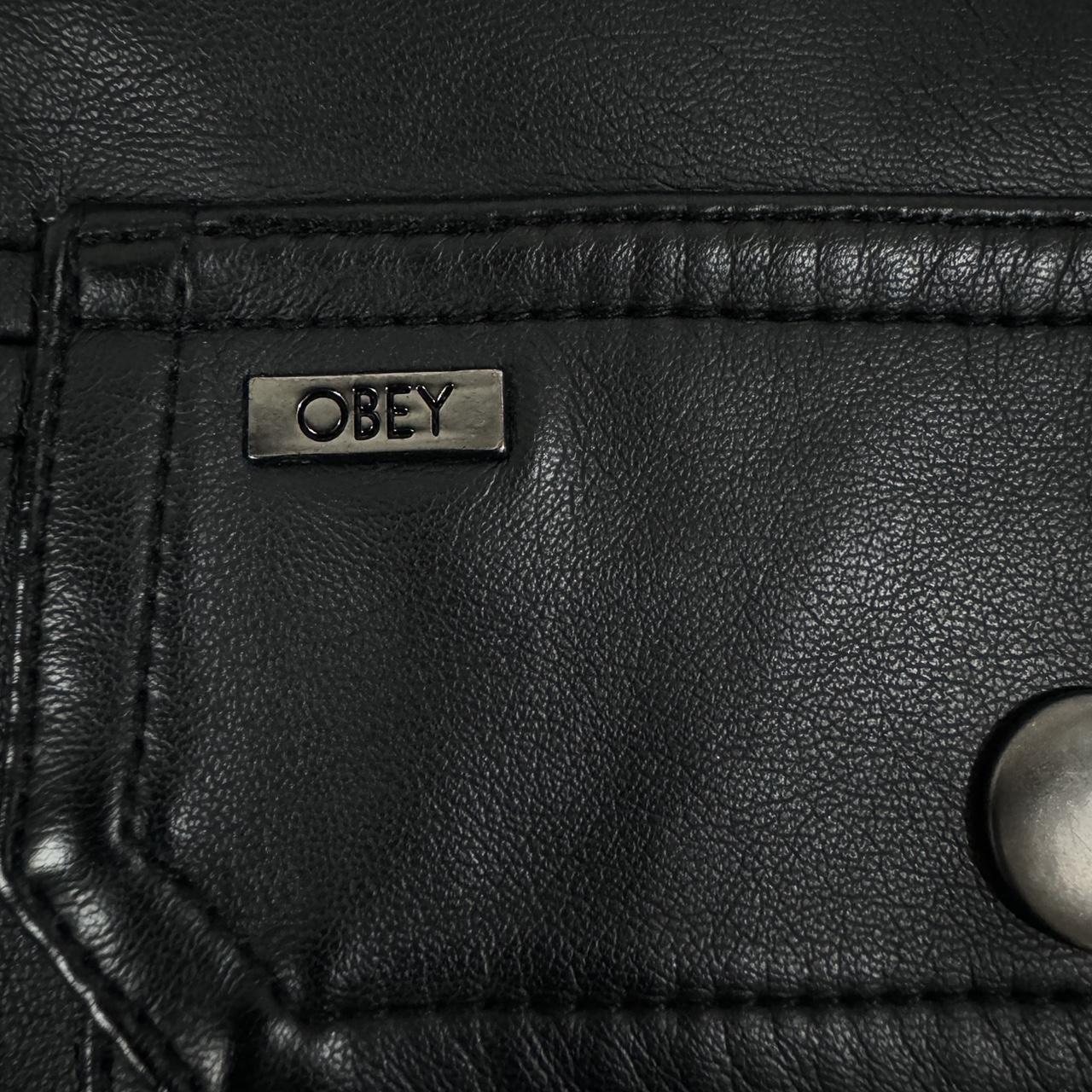 Obey Rapture Hooded Leather Jacket 8/10 slight... - Depop